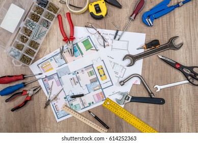 Construction Plans Drawing Tools Work Tools Stock Photo 614252363 ...