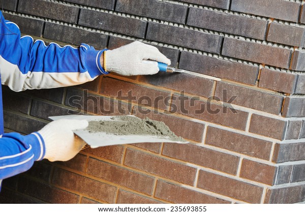 Construction Process Bricklaying Using Brick Jointer Stock Photo ...