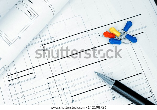 Construction Project Planning Tools Pen Blueprint Stock Photo 142198726 ...
