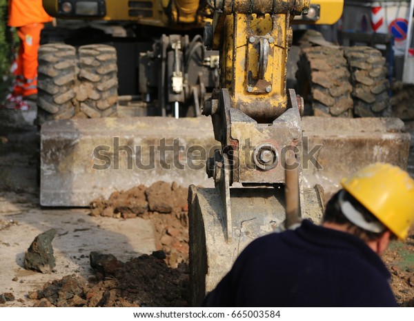 Construction Site Digger Worker Inside Digging Stock Photo 665003584 ...
