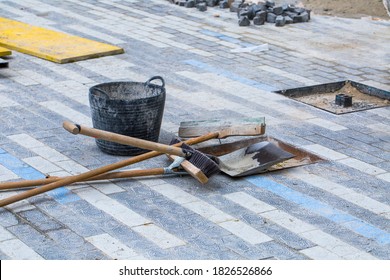 Construction Work On Pavement Installation Concrete Stock Photo ...