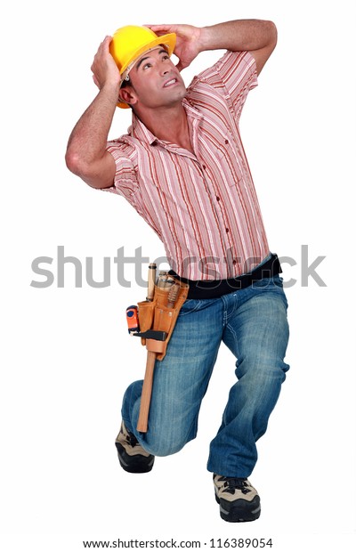 Construction Worker Afraid Something Falling Stock Photo 116389054 ...