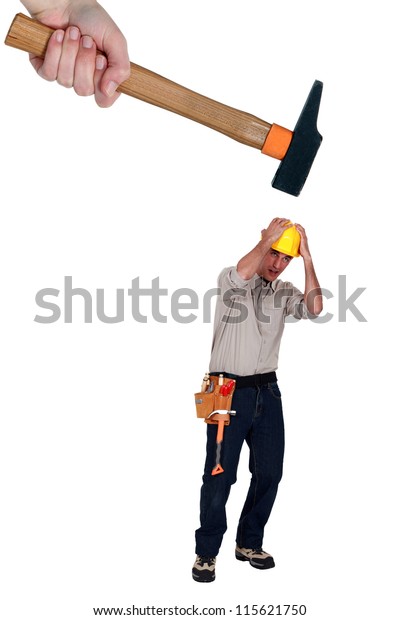 Construction Worker Being Hit Hammer Arkivfoto (rediger nå) 115621750