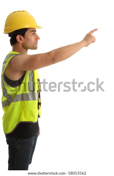 Construction Worker Builder Arm Outstretched Pointing Stock Photo ...