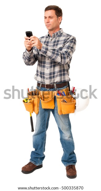 Construction Worker Contractor Carpenter Texting On Stock Photo ...