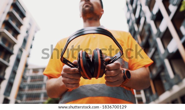 Construction Worker Ear Muff Working Construction Stock Photo ...