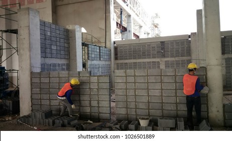Construction Worker Install Wall Structuremasonry Create Stock Photo ...