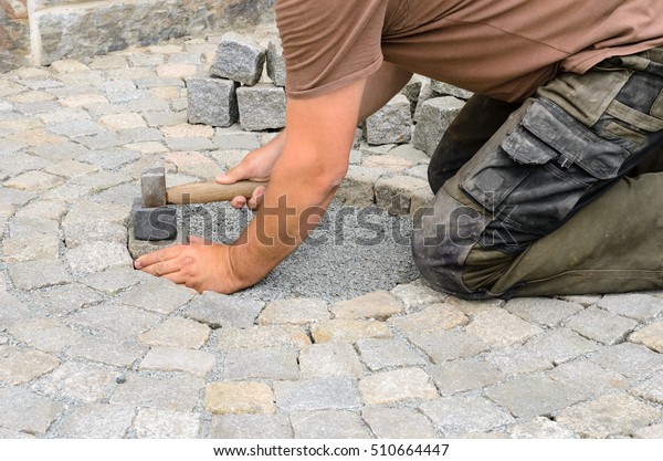 Construction Worker Installing Stone Blocks On Stock Photo 510664447 ...