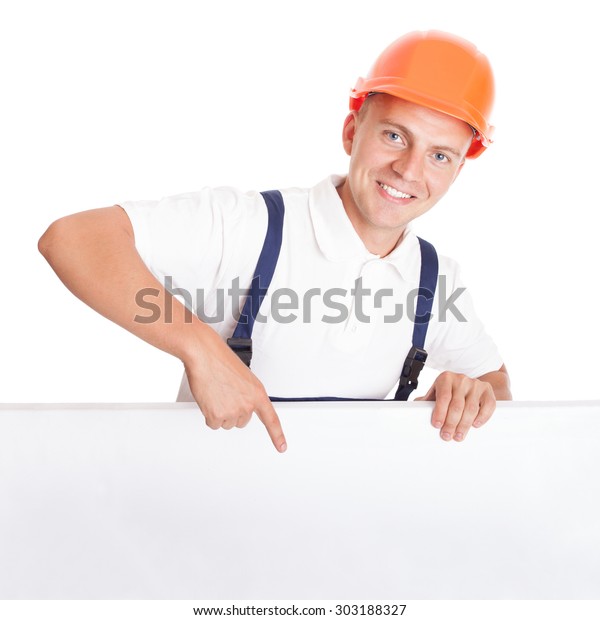 Construction Worker Leaning Over Pointing Blank Stock Photo 303188327 ...