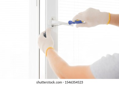 Construction Worker Man Uses Screwdriver Screw Stock Photo (Edit Now ...