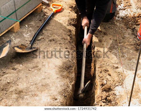 Construction Worker Pickaxe Using Handmade Excavation Stock Photo ...