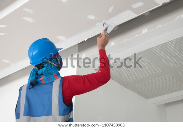 Construction Worker Plastering Ceiling Work Stock Photo 1107450905 ...