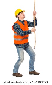 Construction Worker Pulling Rope Full Length Stock Photo 176393399 ...