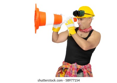 Construction Worker Shouting Isolated White Stock Photo 58977154 ...