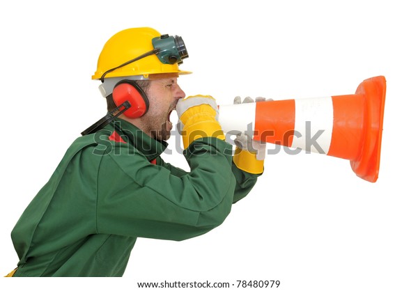 Construction Worker Shouting Isolated White Stock Photo 78480979 ...