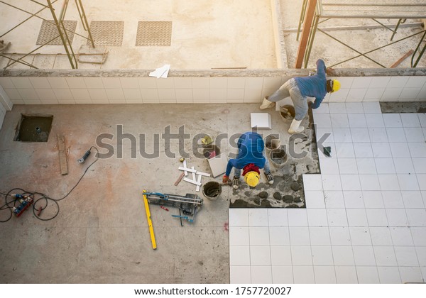 Construction Worker Team Tiler Tiling Site Stock Photo 1757720027 ...