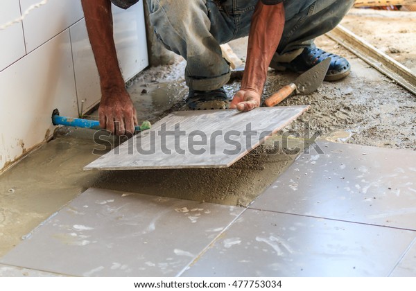 Construction Worker Tiler Tiling Ceramic Tile Stock Photo 477753034 ...
