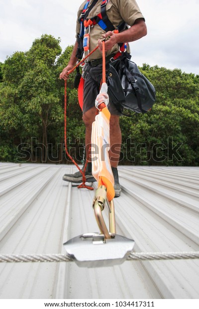 Construction Worker Using Safety Shock Absorber Stock Photo 1034417311 ...