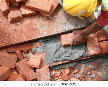 Construction Workers Laying Clay Bricks Construction Stock Photo ...