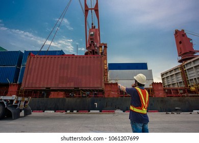 Foreman Takes Control Operation Lifting Container Stock Photo ...