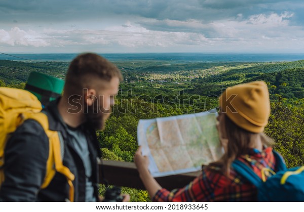 Couple Hikers Using Map Orientation While Stock Photo 2018933645 ...