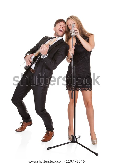 Couple Performs Duet Sharing Same Microphone Stock Photo 119778346 ...