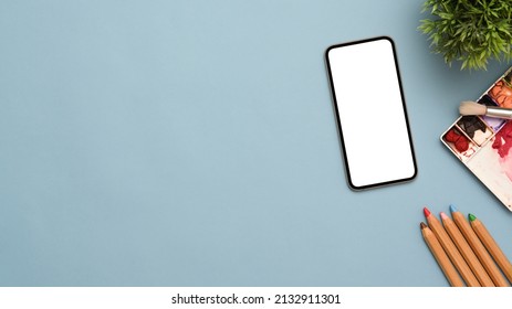 Creative Blue Study Table Background Mobile Stock Photo 2132911301 ...