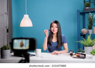 Creative Influencer Filming Make Tutorial Showing Stock Photo ...
