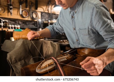 Cropped Image Bootmaker Sitting Workshop Making Stock Photo 675206743 ...
