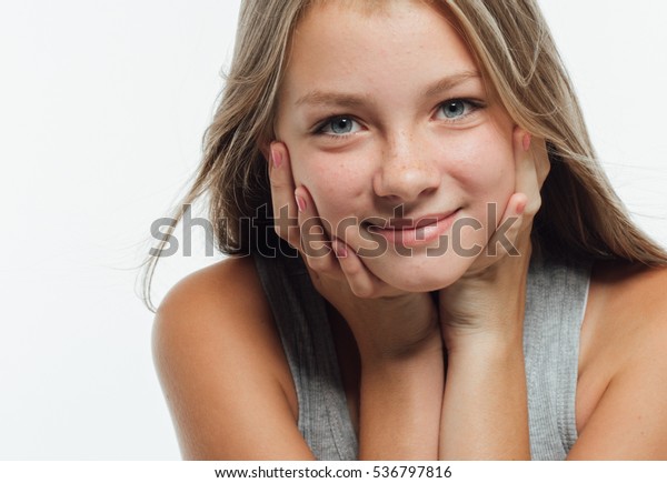 Cute Teenage Girl Freckles Woman Face Closeup Portrait With Healthy Skin