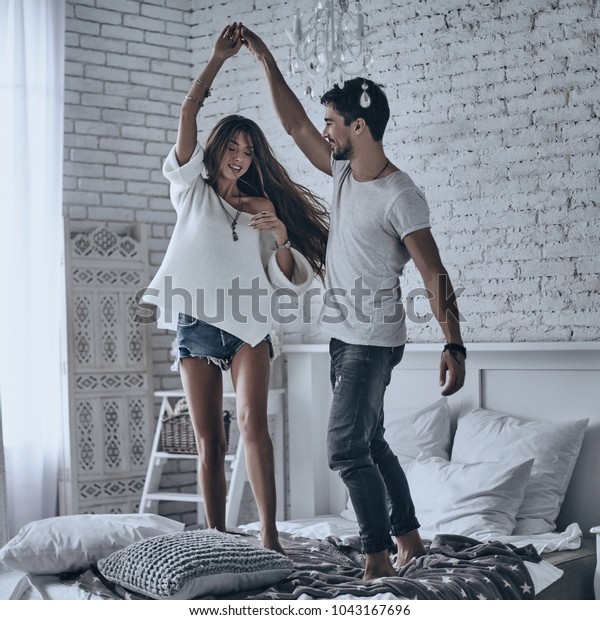 Dancing On Bed Full Length Beautiful Stock Photo 1043167696 | Shutterstock