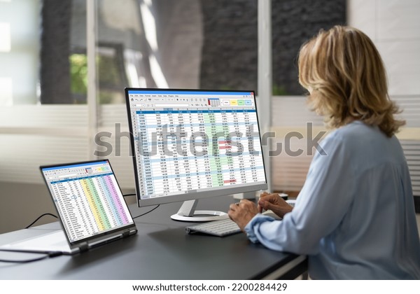 Data Analyst Woman Using Spreadsheet On Stock Photo 2200284429 ...