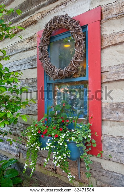 Decorated Window On Side Log Home Stock Photo (Edit Now) 62471584