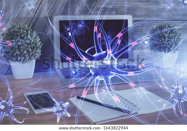 Desktop Computer Background Neuron Drawing Double Stock Photo ...