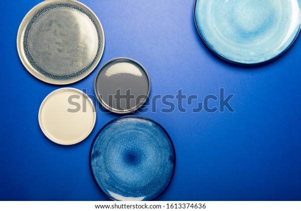 Different Ceramic Empty Blue Grey Plates Stock-foto 1613374636 ...