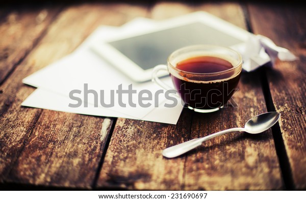 Digital Tablet Note Paper Cup Tea Stock Photo (Edit Now) 231690697