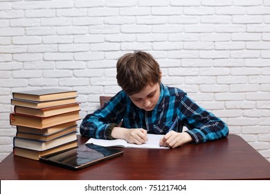 Diligent Schoolboy Writing Down Task Into Stock Photo 751217404 ...
