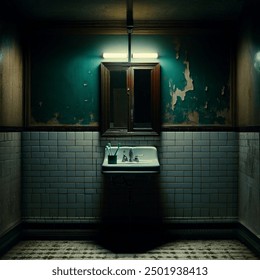 Dimly Lit Spooky Bathroom Rectangular Mirror AI 生成图片2501887345 ...