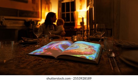 Dining Table Vibrant Projection Mapping Displaying AI-generated image ...