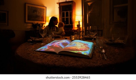 Dining Table Vibrant Projection Mapping Displaying AI-generated image ...