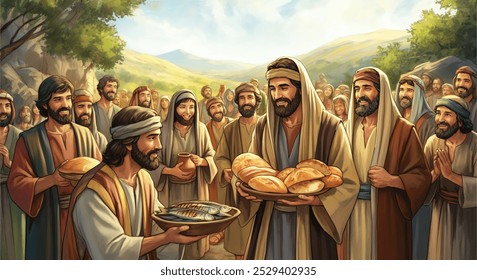 Biblical Image Disciples Distributing Bread Fish AI-generated image ...