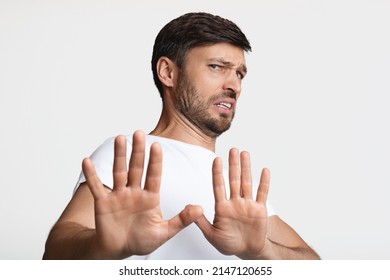Disgusted Man Gesturing Stop Avoiding Disapproving Stock Photo ...