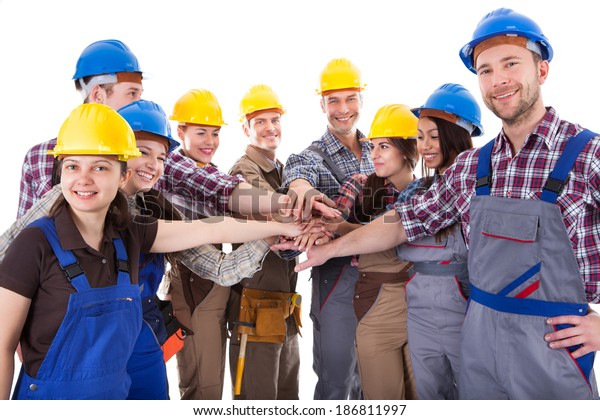 Diverse Group Construction Workers Stacking Hands库存照片186811997 ...