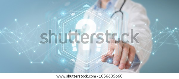 Doctor On Blurred Background Using Digital Stock Photo 1056635660 ...