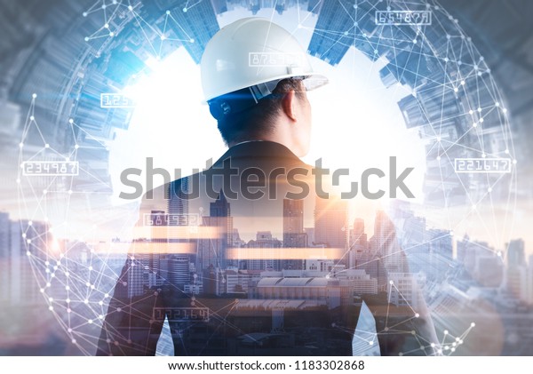 Double Exposure Image Engineer Standing Back Stock Photo 1183302868 ...