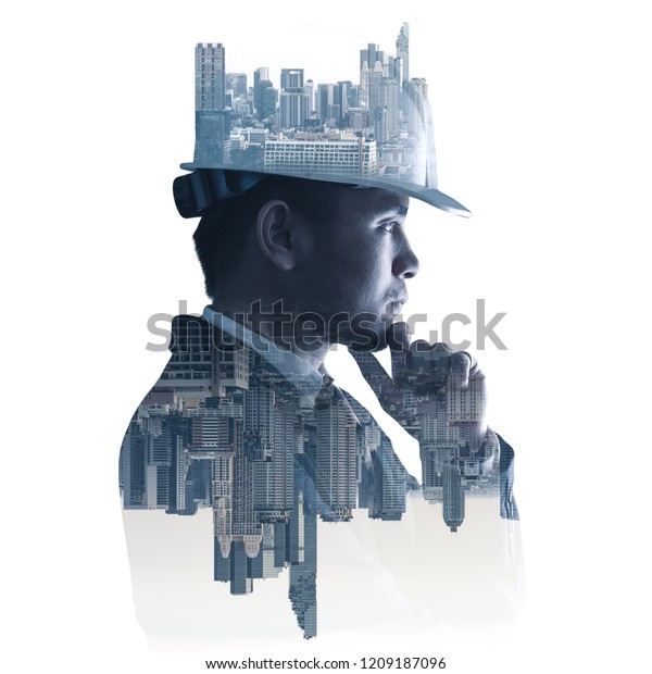 Double Exposure Image Engineer Thinking Overlay Stock Photo (Edit Now ...