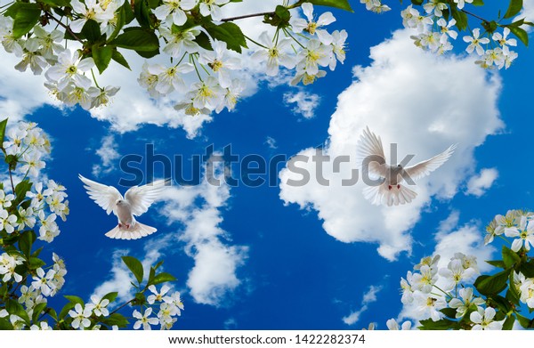 Doves Spring Branches Cloudy Blue Sky Stock Photo (Edit Now) 1422282374