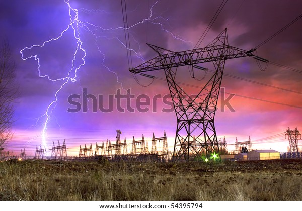 Dramatic Image Power Distribution Station Lightning Stock Photo (Edit ...