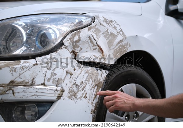 Driver Hand Examining Dented Car Damaged Stock Photo 2190642149 ...