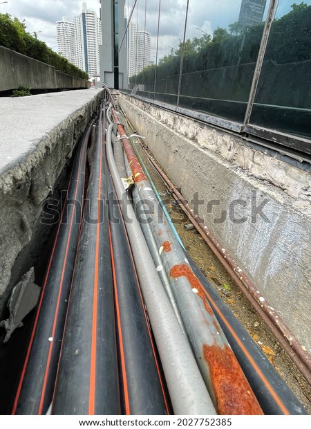 Electrical Cables Located Cableway Installed Outside Stock Photo ...